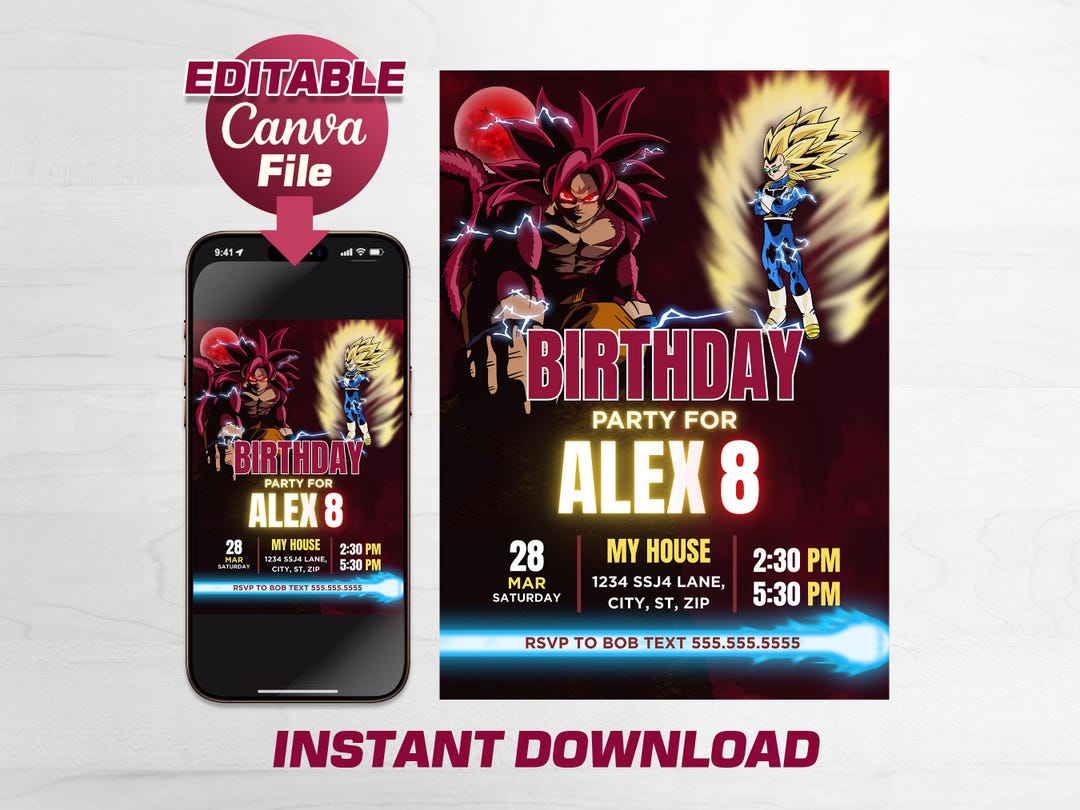 SSJ4 Goku & SSJ3 Vegeta Birthday Invitation: Dragon Ball Fan Art (canva ...