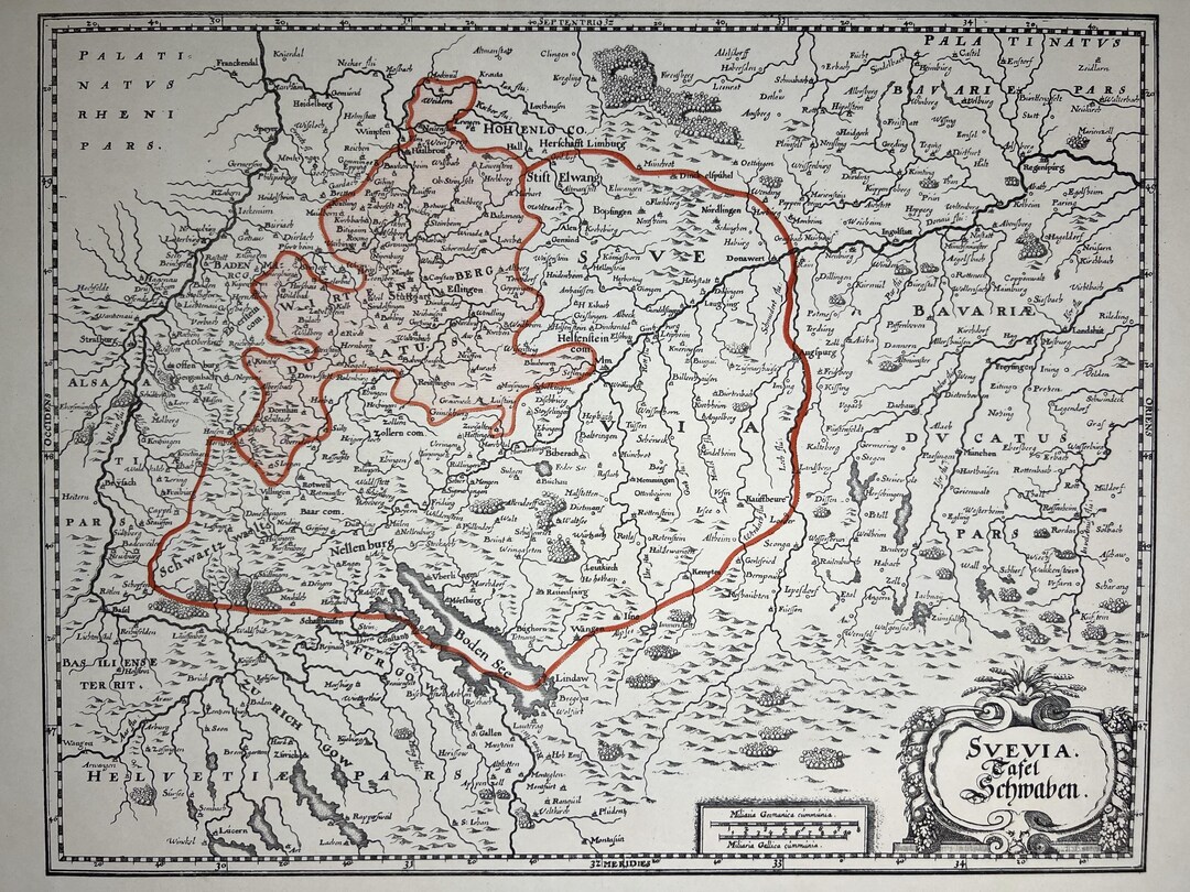 Map of Swabia–19th Lithograph After a 17th Engraving–german City View ...