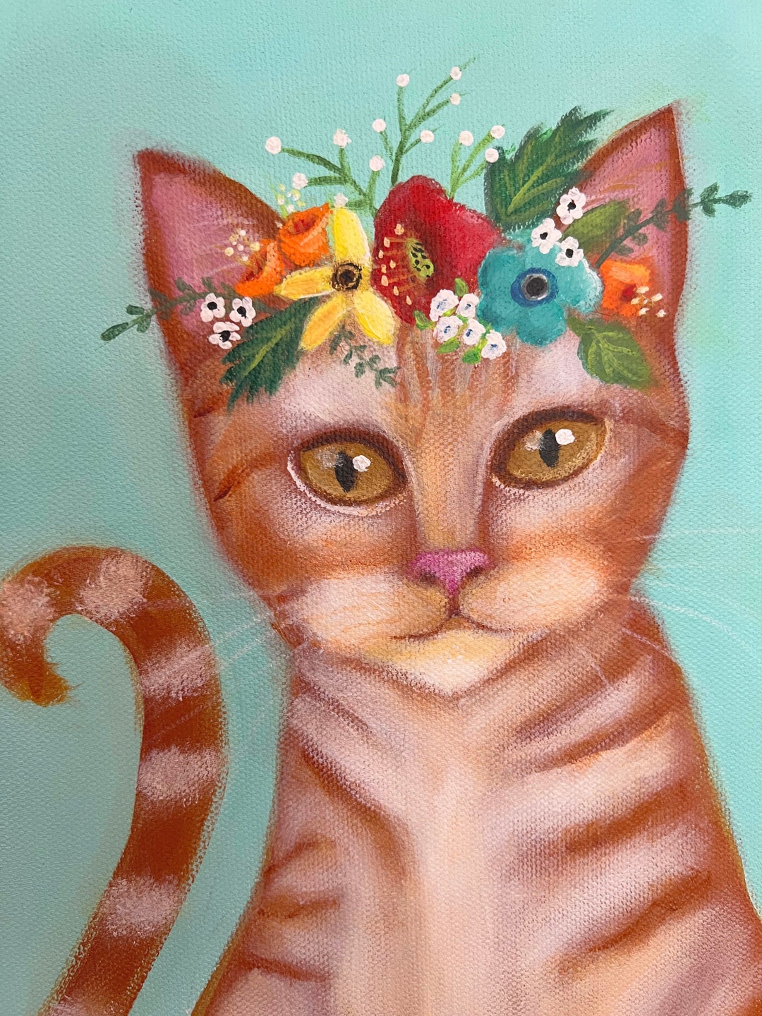 Orange Cat With Flowers Whimsical Poster Print, 10" X 24" - Etsy