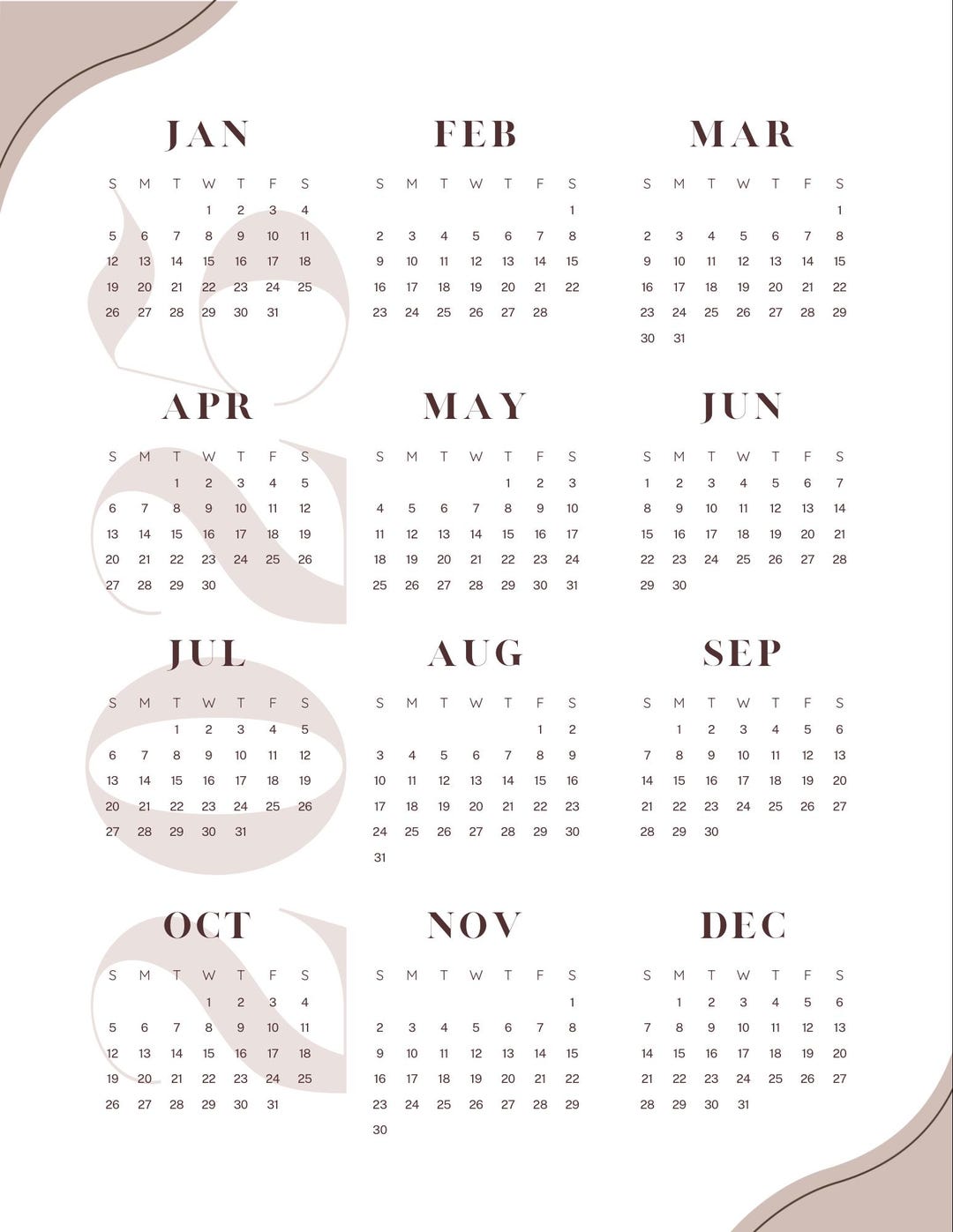 12 Month Calendar (instant Download) - Etsy