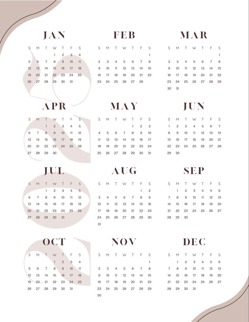 12 Month Calendar (instant Download) - Etsy