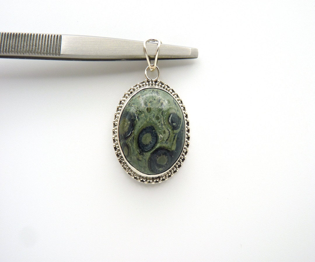 Vintage Sterling Silver Green Kambaba Jasper Oval Algae Fossil Pendant ...