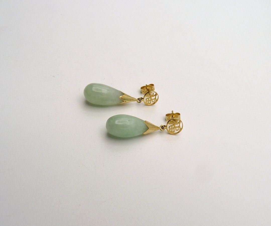 Vintage 14k Celadon Green Jade Teardrop Post Dangle Earrings, Yellow ...