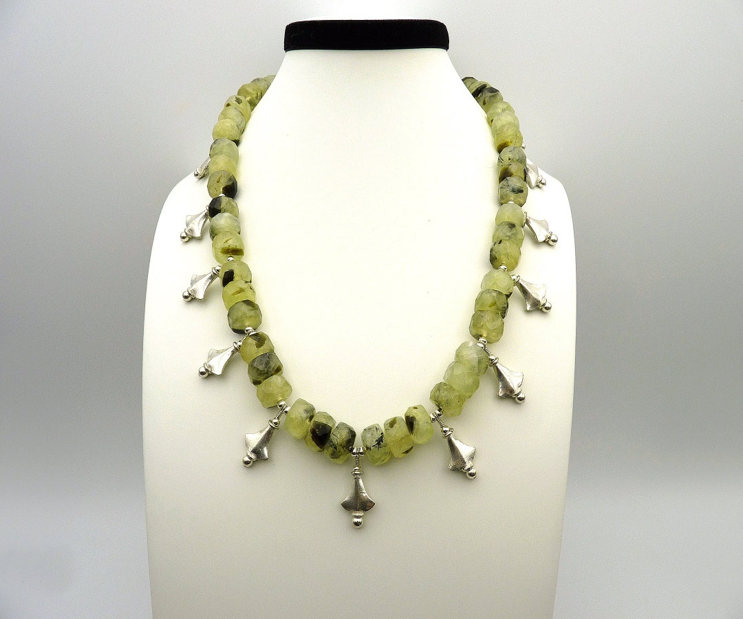 Vintage Sterling Silver Light Green Prehnite Beaded Drop Necklace, 925 ...