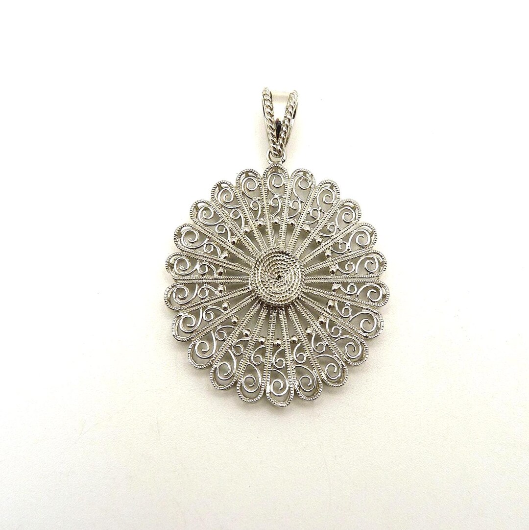 Vintage Large Sterling Silver Filigree Round Floral Pendant, 925 ...