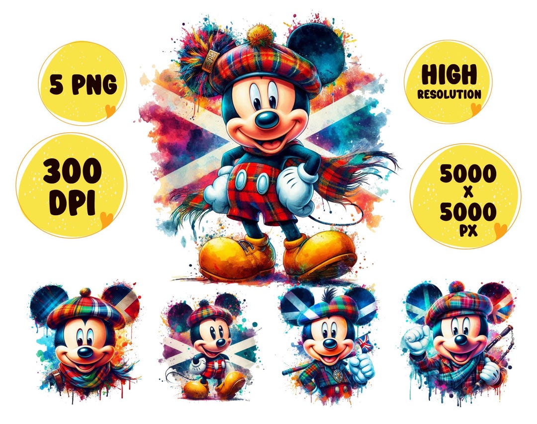 Scottish Mickey Mouse PNG: Watercolor Splash Clipart (digital Download ...