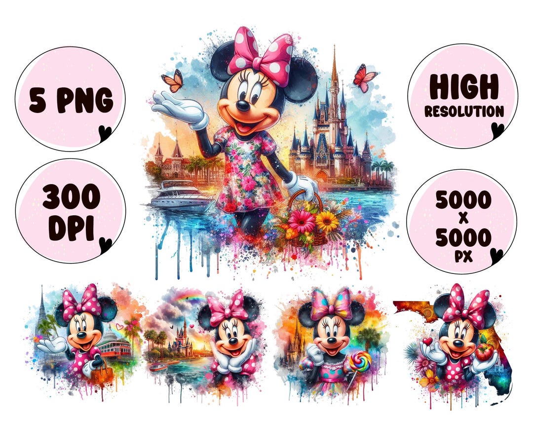 Florida Minnie Mouse PNG: Watercolor Splash, Sublimation Design ...
