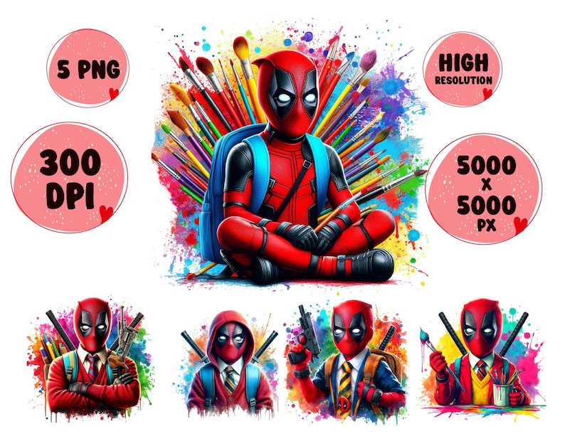 Child Deadpool PNG: Splash Watercolor Superhero Clipart (digital ...