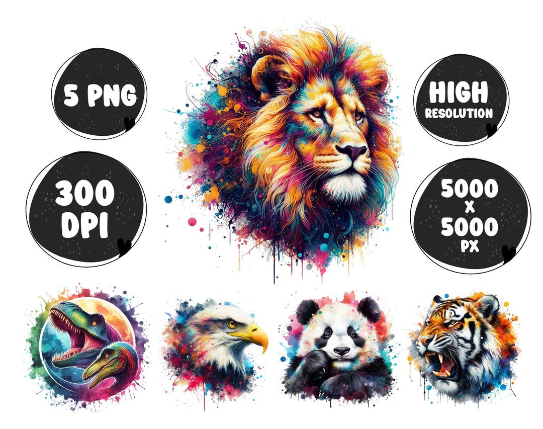 5 PNG Animal Panda Eagle Tiger Lion Dinosaur Png Splash and Watercolor ...