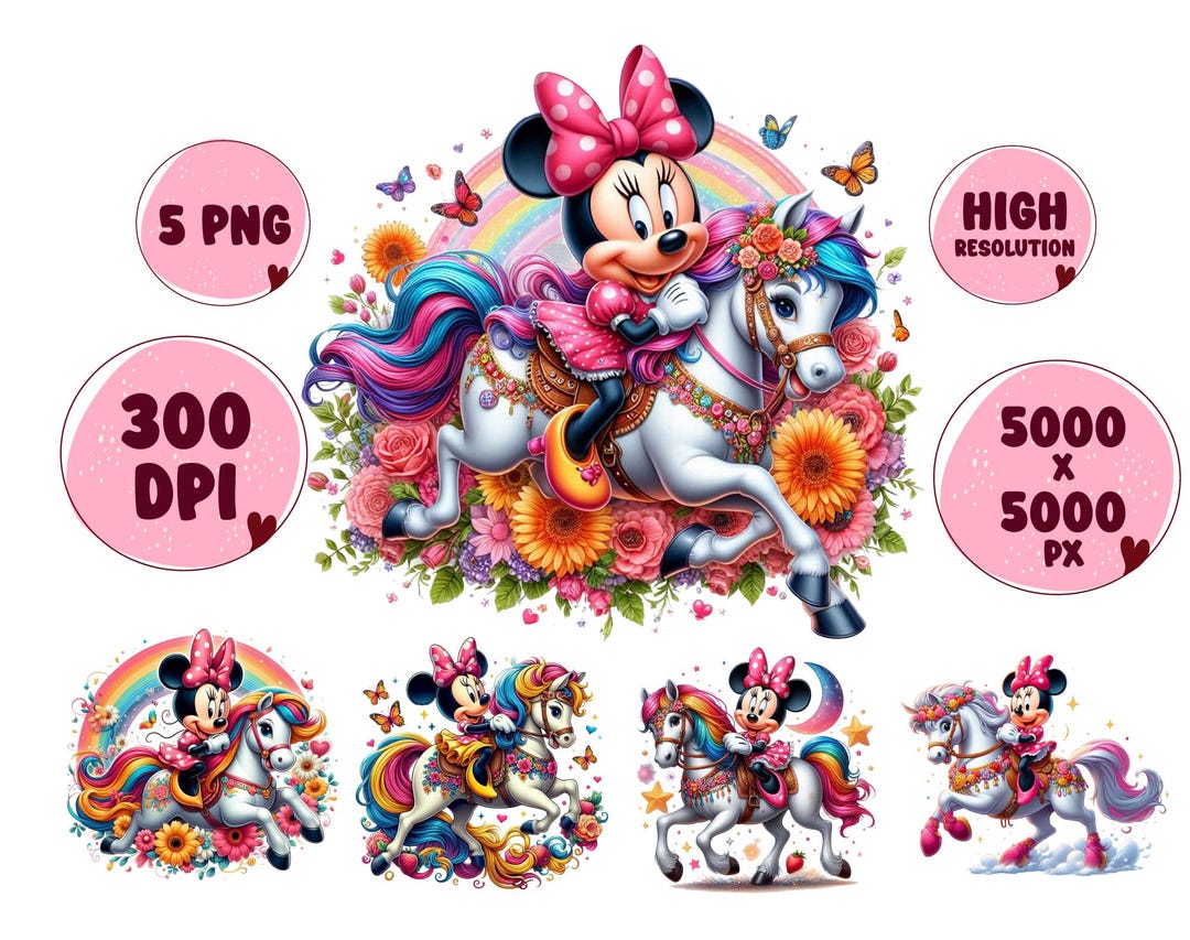 Minnie Mouse Riding Horse PNG: Rainbow Watercolor Splash (digital ...