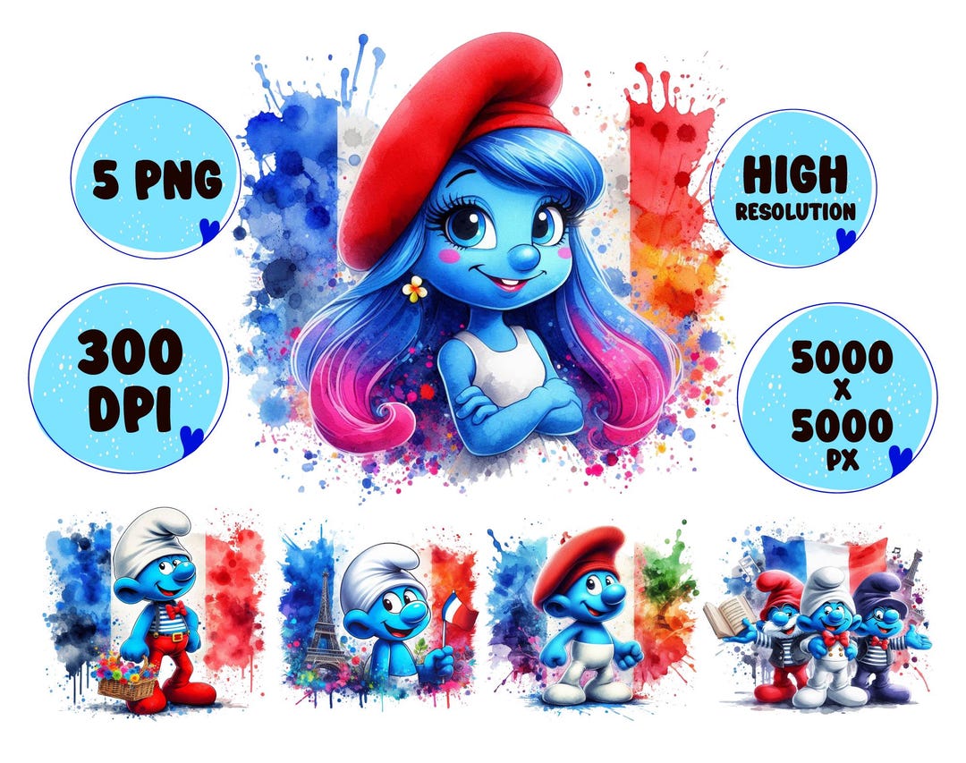 5 PNG French Smurf Splash and Watercolor Transparent France Smurfette ...