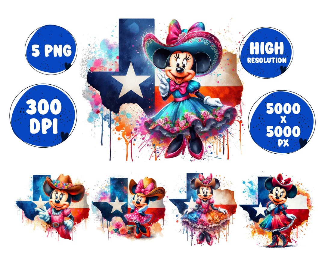 Texas Minnie Mouse Watercolor Splash PNG: Sublimation Designs (5 PNG ...