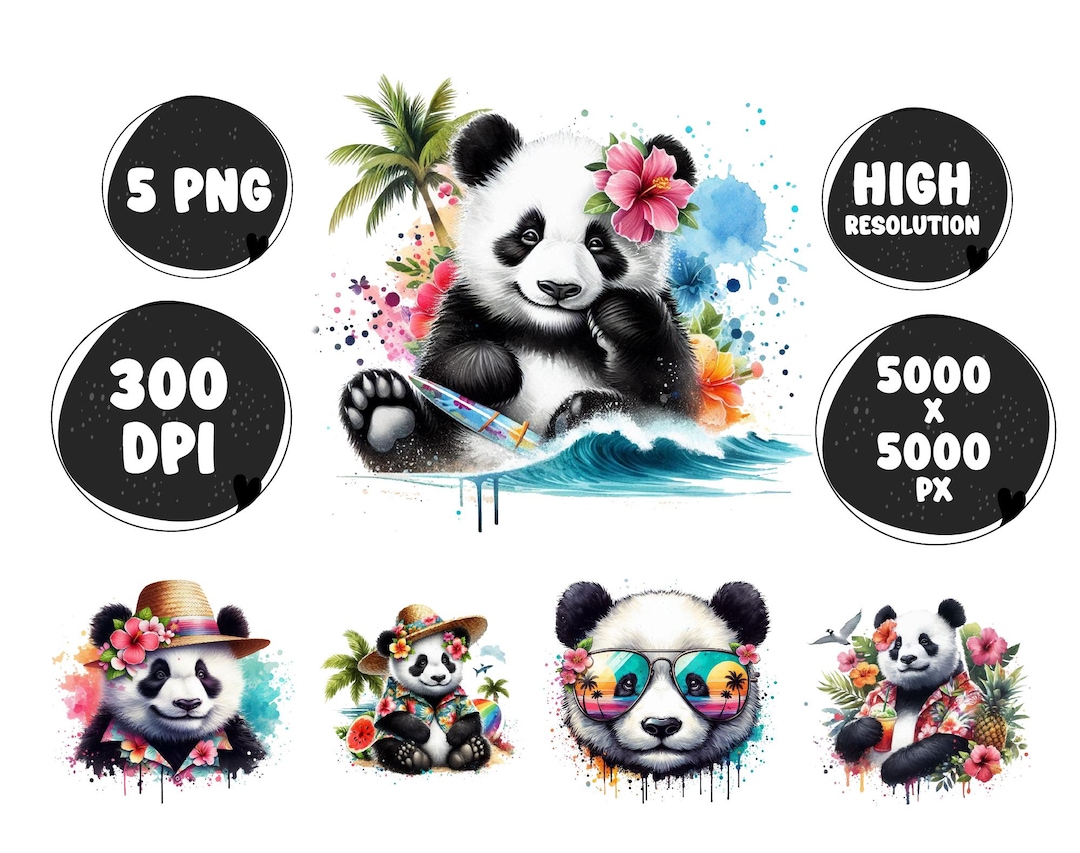 5 PNG Hawaii Panda Png Holiday Splash and Watercolor Transparent Summer ...