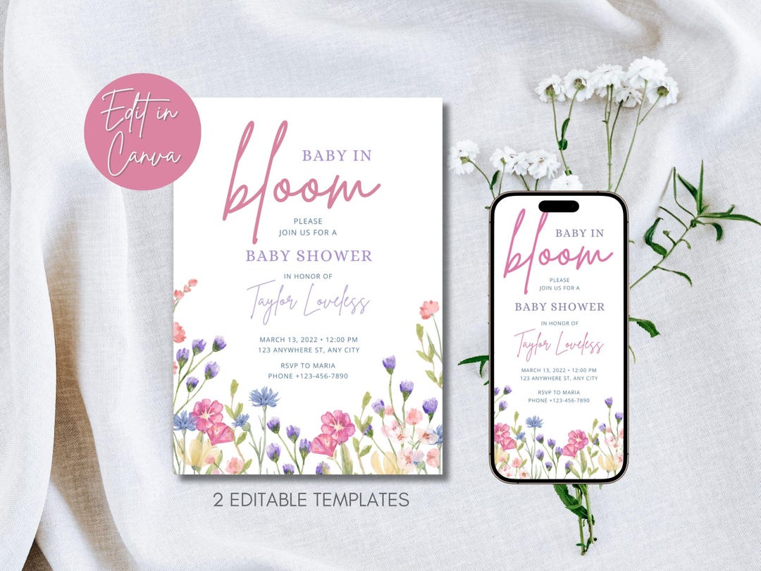 Invitación imprimible para baby shower, tema "Bebé en flor", editable ...