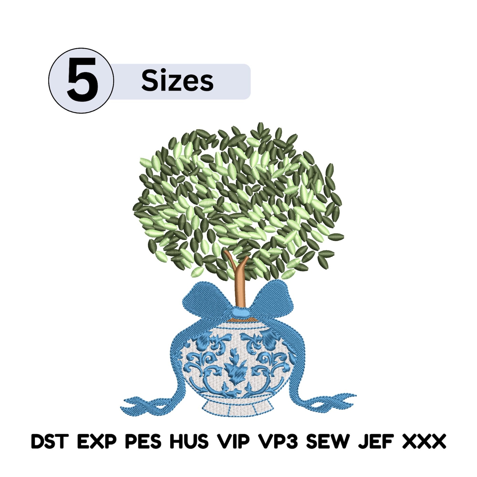 Blue Chinoiserie Topiary Embroidery Design Pot Topiary Coquette Bow ...