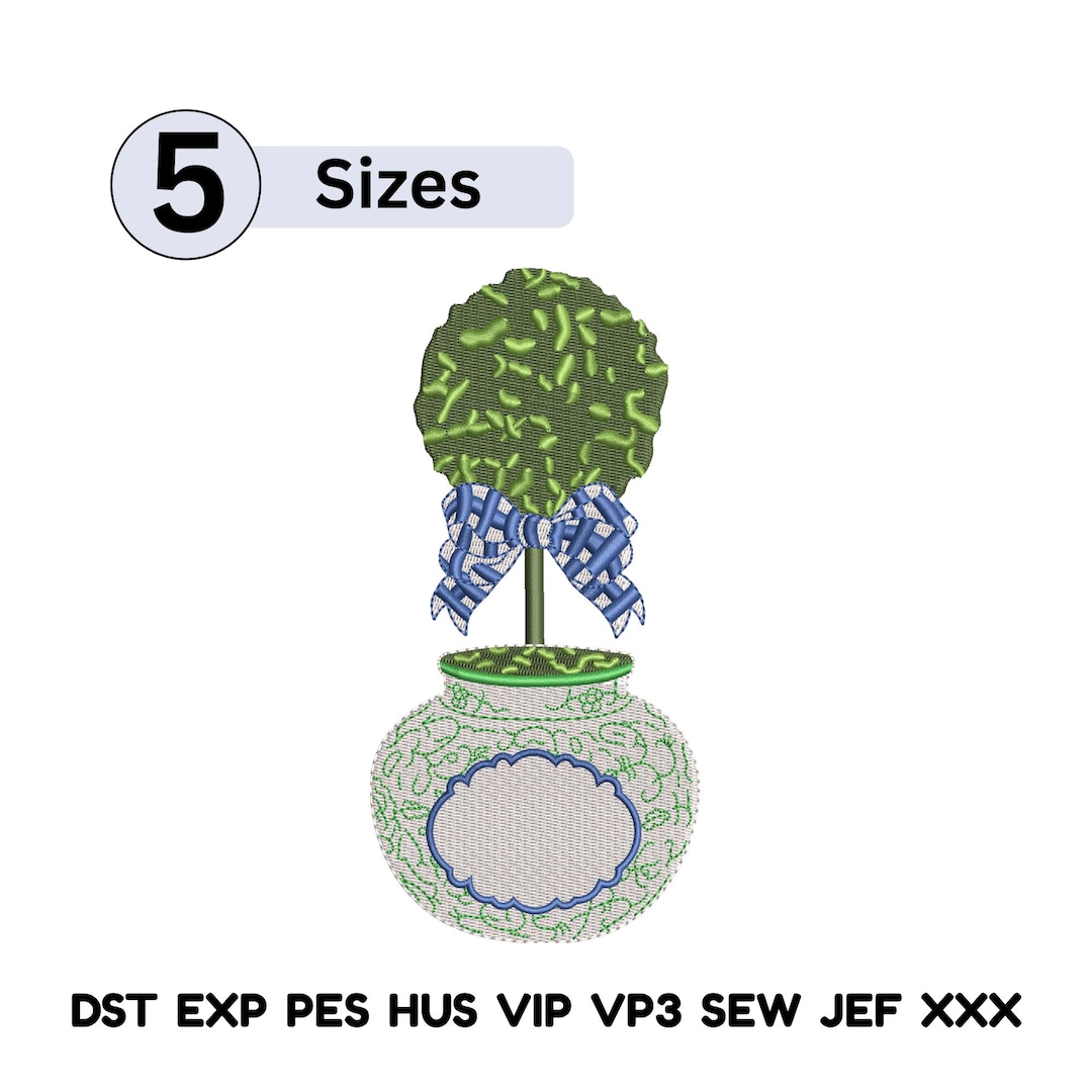 Chinoiserie Topiary Embroidery Design: Boxwood, Gingham Bow (5 Sizes ...