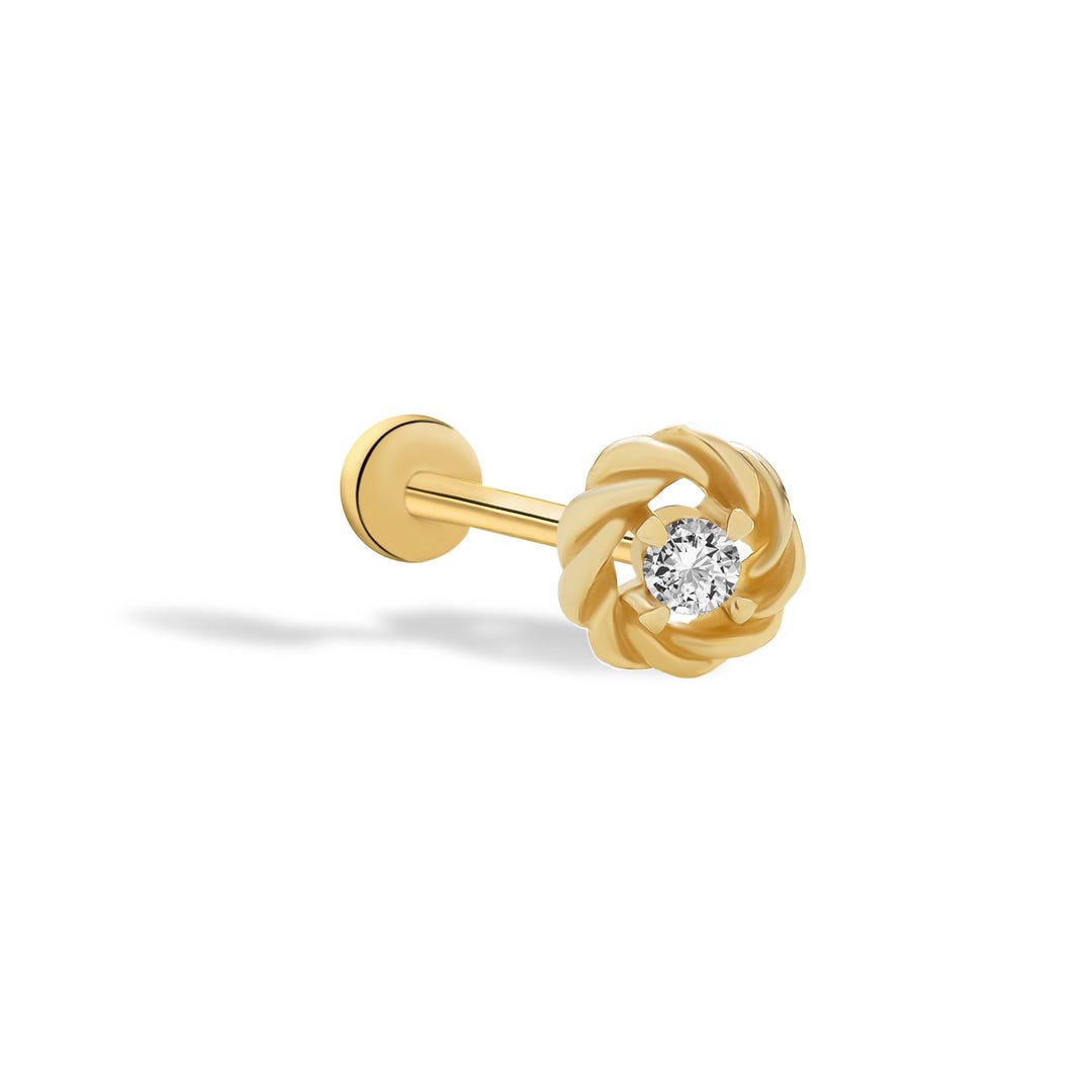 Twisted Rope Gold Stud With Round Stone • Comfortable Flat Back ...