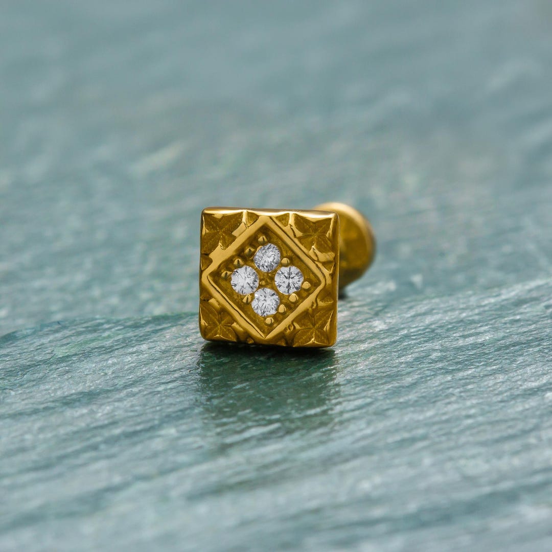 14K Gold Square Piercing With Diamonds • Solid Gold Internally Threaded ...