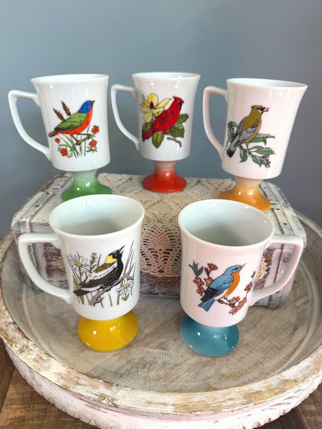 Vintage Japanese Songbird Pedestal Mug Set — Milk Glass Footed Mugs ...