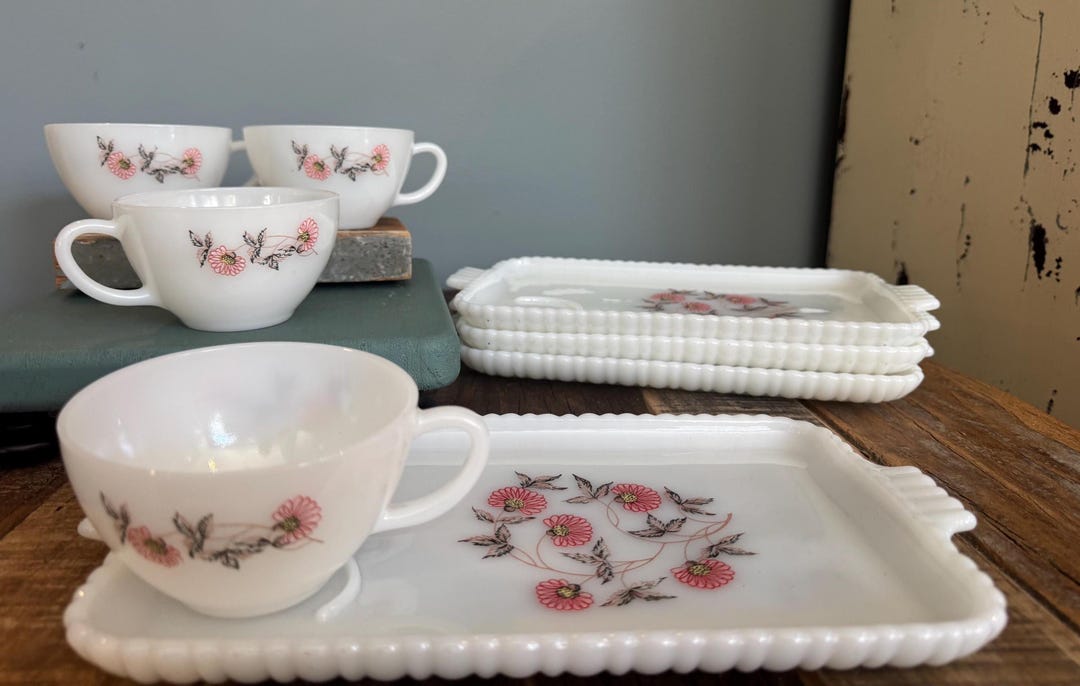 Vintage Fire-king Primrose Snack Set Milk Glass Luncheon Trays & Cups ...