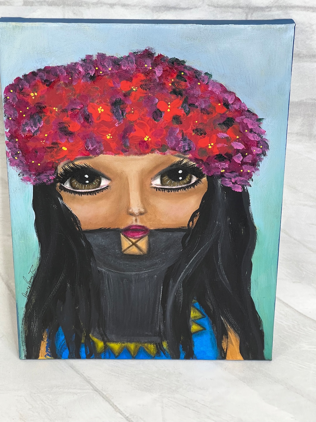 Embera Girl Painting, Native Panamanian Art, Big Eye Whimsical Decor - Etsy