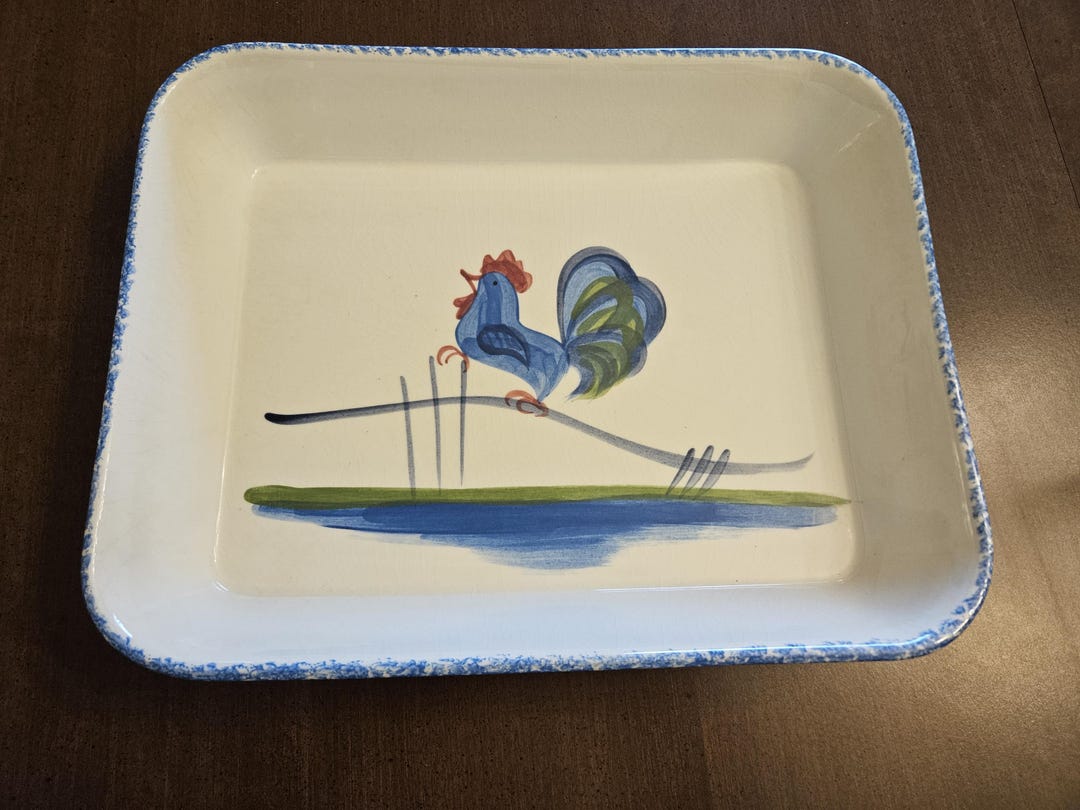 Rare Vintage Blue Stipple Rooster 14x11 Rectangular Baking Dish by Los ...