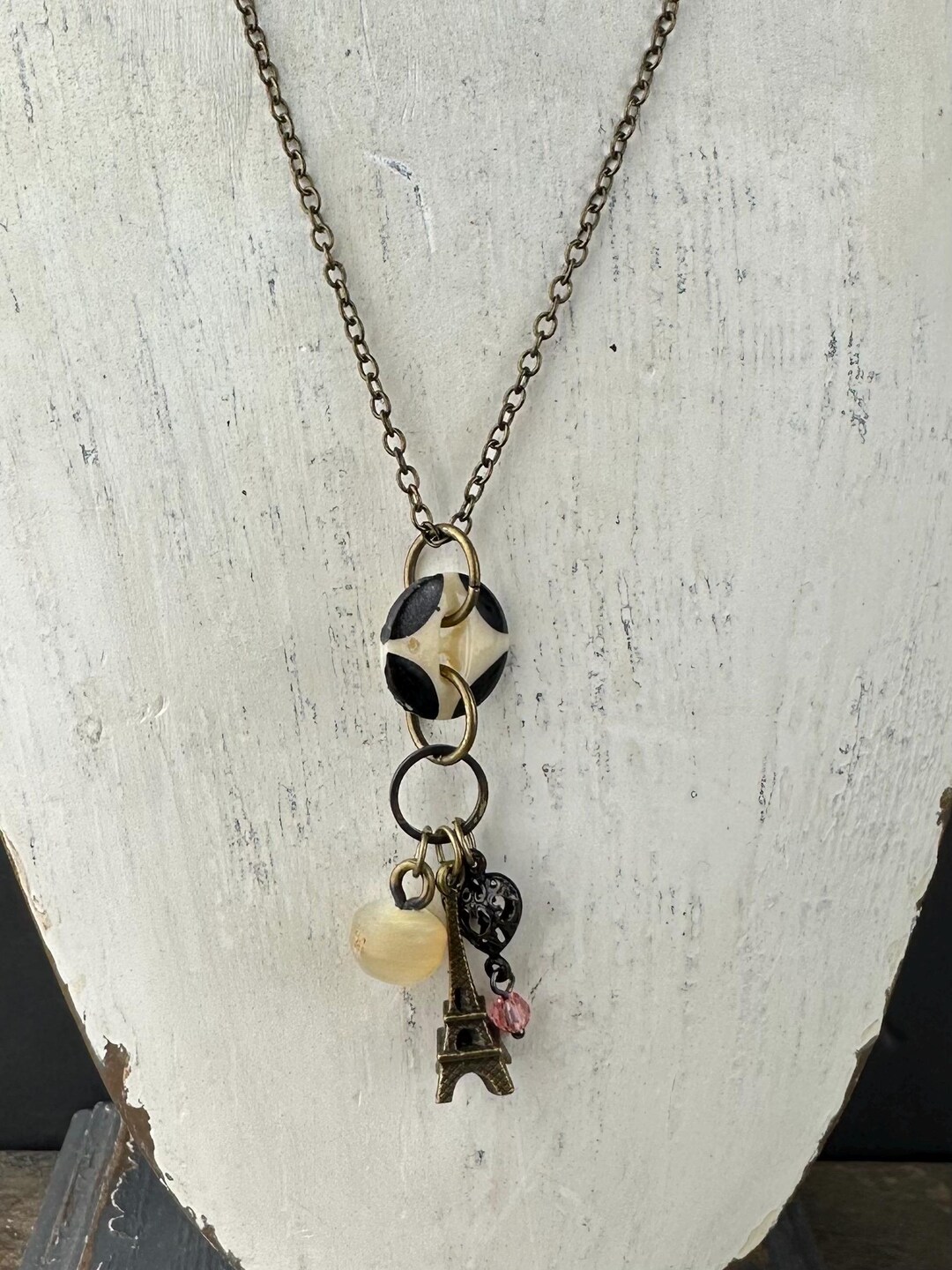 Vintage Button and Charm Necklace / Unique Charm Pendant / Paris Theme ...