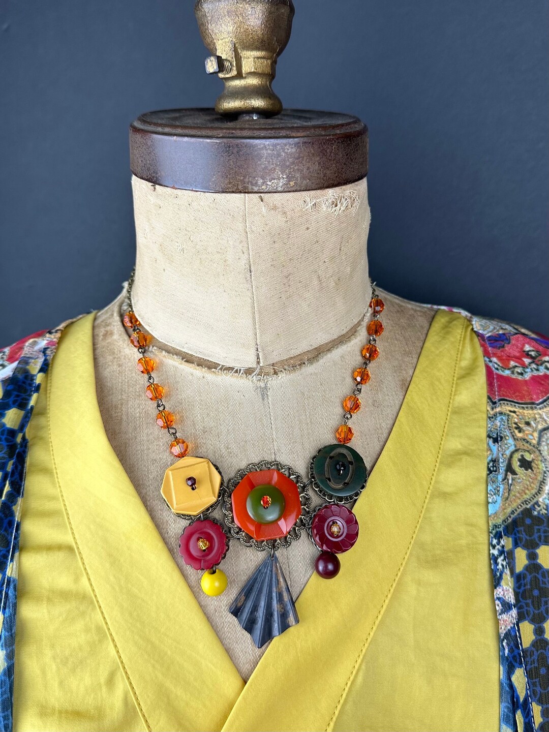 Vintage Bakelite Button Bib Necklace / Fall Color Jewelry / Collage ...