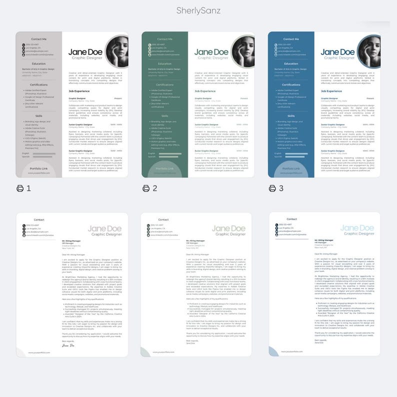 Minimalist CV Template, 3 Colors (gray, Green, and Blue), Modern Resume ...