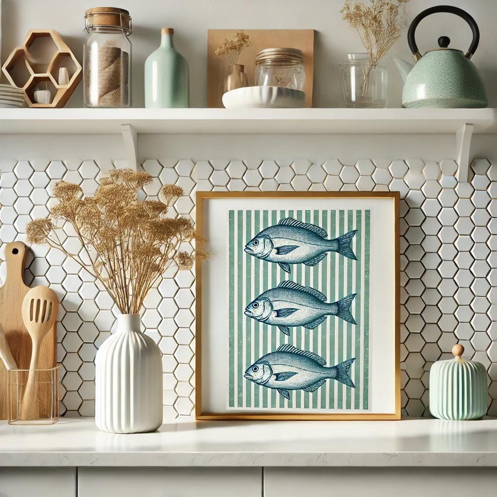Vintage Fish Illustration Print – Retro Wall Art With Striped ...