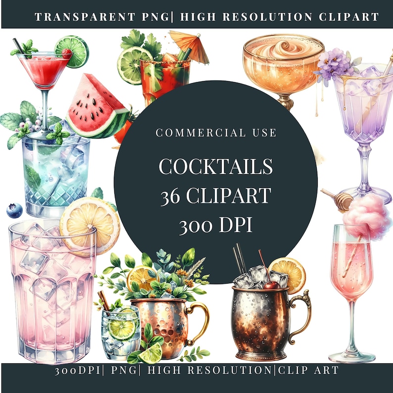 Watercolor Cocktail Clipart | Bar Menu | Champagne Clipart | Wedding ...