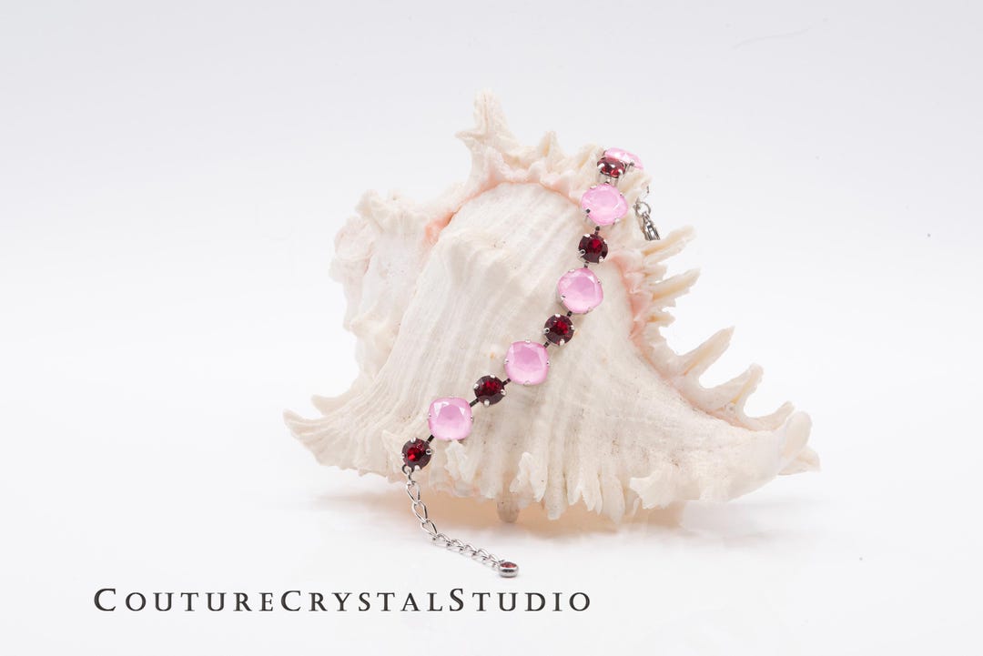 Powder Rose Cushion Cut Crystal Bracelet, Fuchsia Chatons, Georgian ...