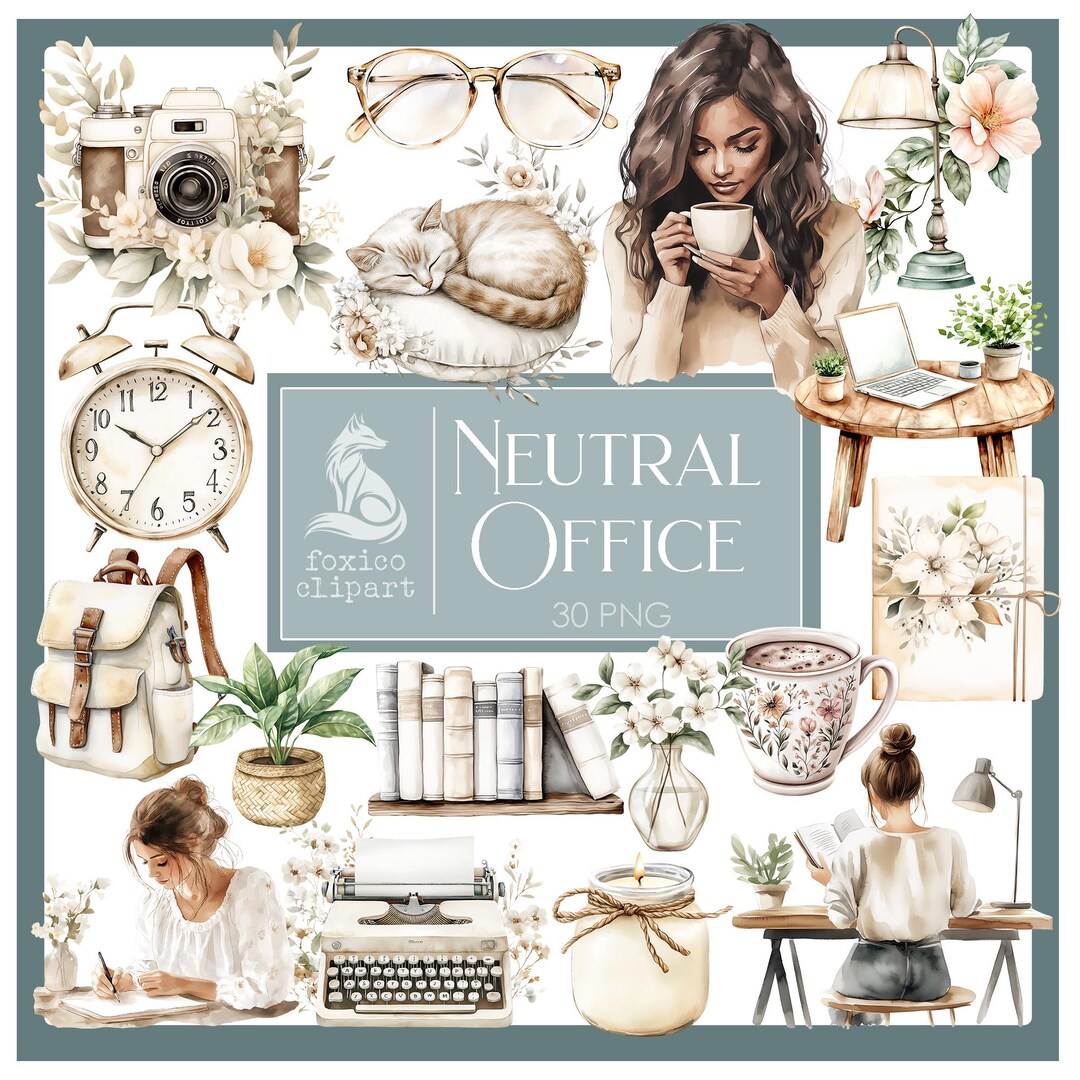Neutral Home Office Watercolor Clipart, Cottagecore, PNG, Graphics ...