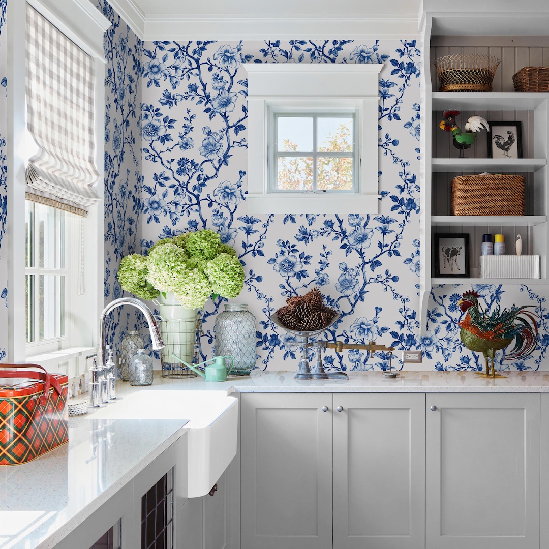 Blue Chinoiserie Floral Wallpaper, White and Indigo Wall Mural, Elegant ...