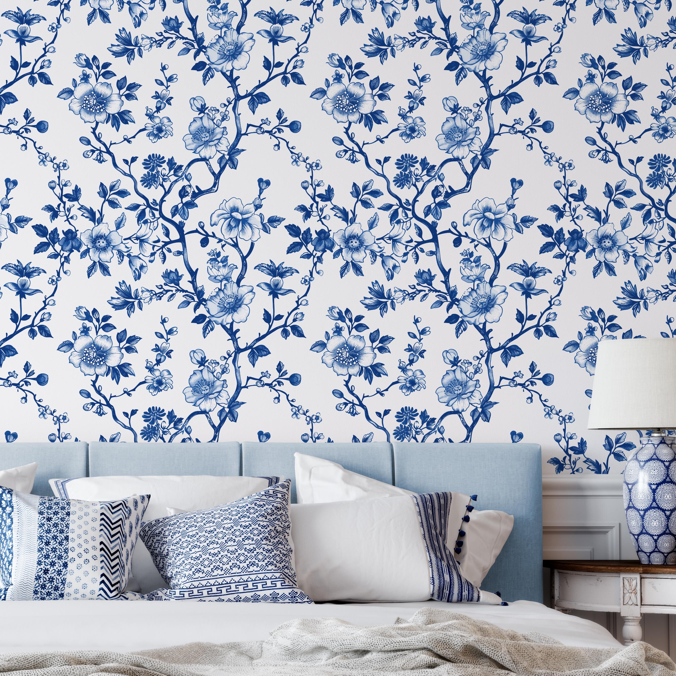 Blue Chinoiserie Floral Wallpaper, White and Indigo Wall Mural, Elegant ...