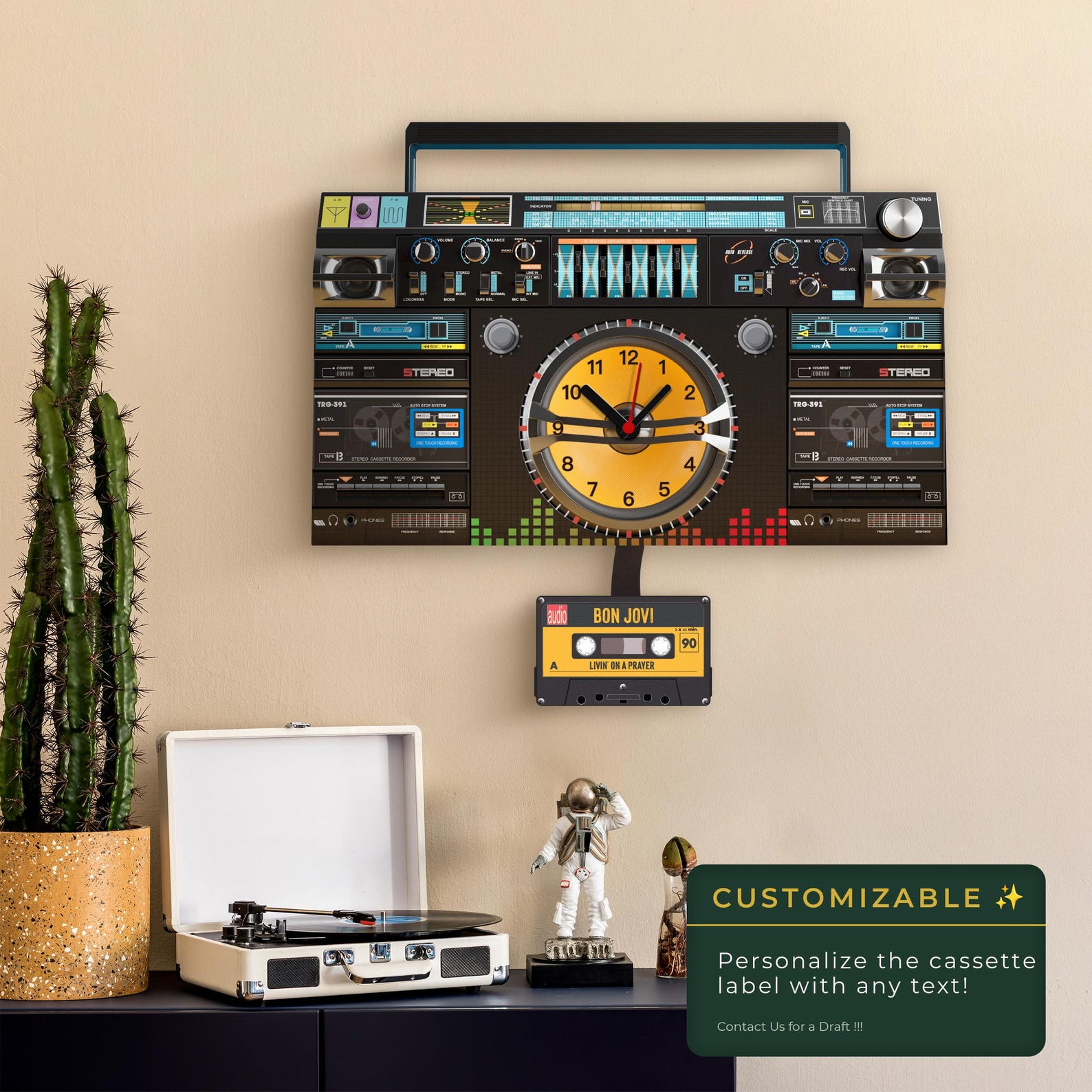 Retro Boombox Metal Wall Clock – 80s Cassette Player Style – Swinging ...