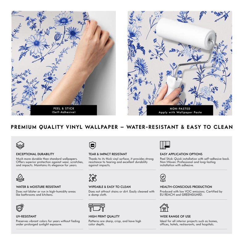 Blue Blossom Toile Wallpaper, Delft Blue Floral Wall Mural, Chinoiserie ...