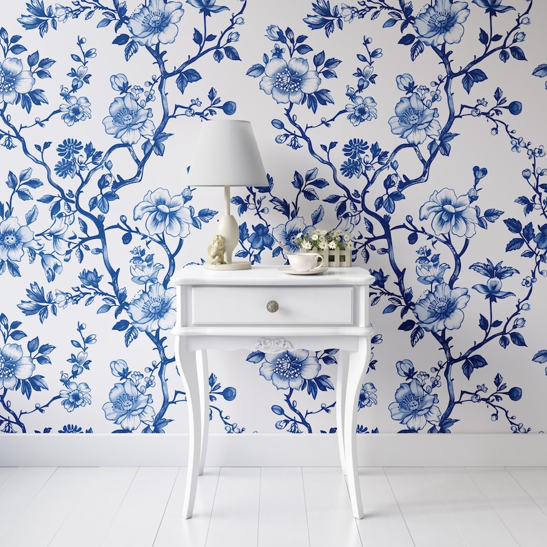 Blue Chinoiserie Floral Wallpaper, White and Indigo Wall Mural, Elegant ...