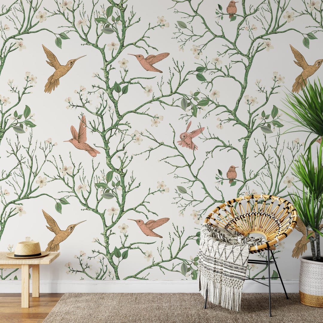 Botanical Songbird Wallpaper, Vintage Nature Mural, Type II Vinyl - Etsy