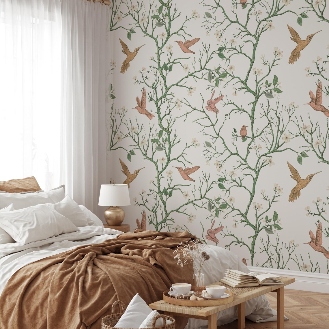 Botanical Songbird Wallpaper, Vintage Nature Mural, Type II Vinyl - Etsy