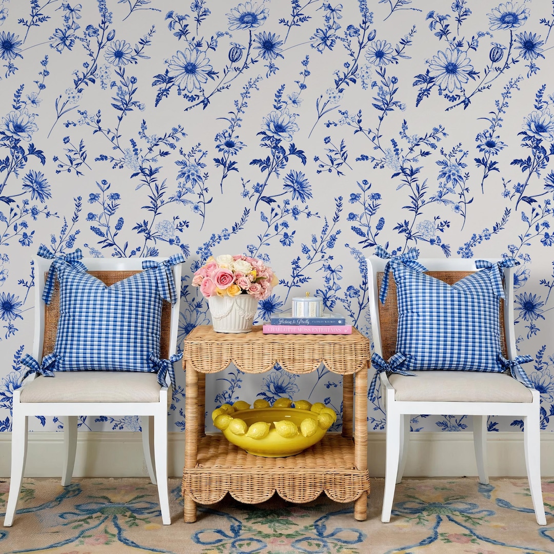 Blue Blossom Toile Wallpaper, Delft Blue Floral Wall Mural, Chinoiserie ...
