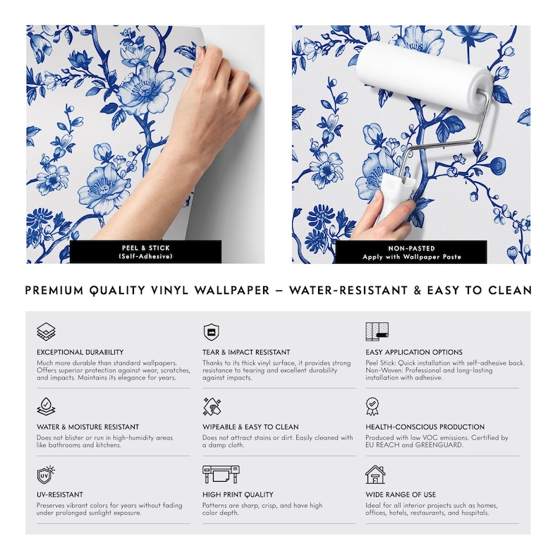 Blue Chinoiserie Floral Wallpaper, White and Indigo Wall Mural, Elegant ...