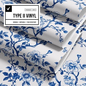 Blue Chinoiserie Floral Wallpaper, White and Indigo Wall Mural, Elegant ...