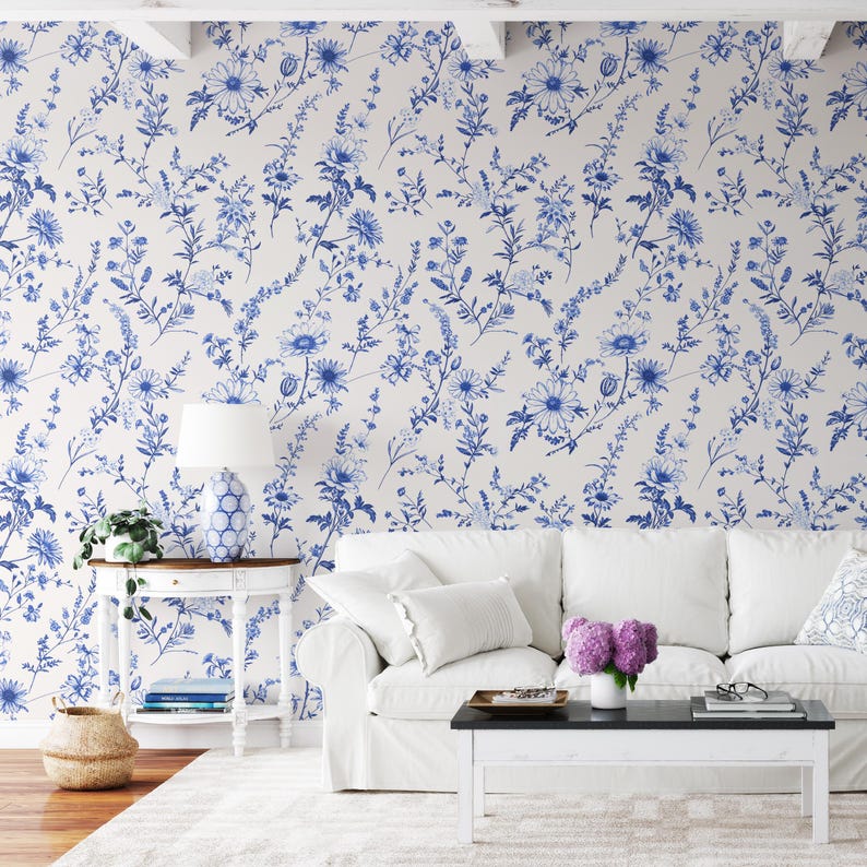 Blue Toile Wallpaper, Delft Floral Wall Mural, Chinoiserie Style - Etsy