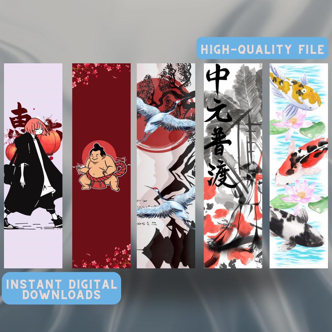Japanese Bookmarks Set: Sumo, Anime, Cranes, Koi Fish Art (digital ...