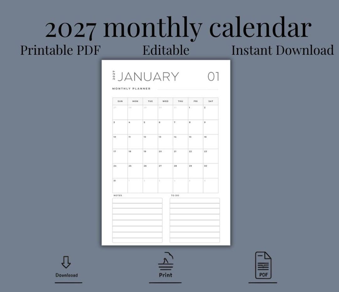 2027 Monthly Calendar Printable | Minimalist PDF Planner | A4 A5 US ...