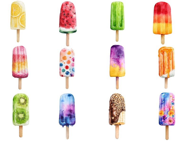 Ice Pops Clipart Collection, Watercolor Frozen Treat 24 PNG ...