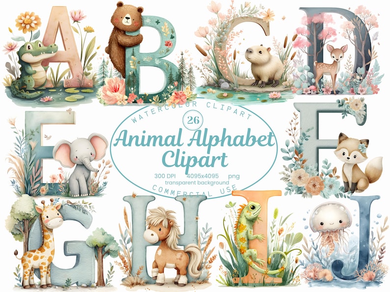 Animal Alphabet Clipart Collection, Watercolor ABC 26 PNG Illustrations ...