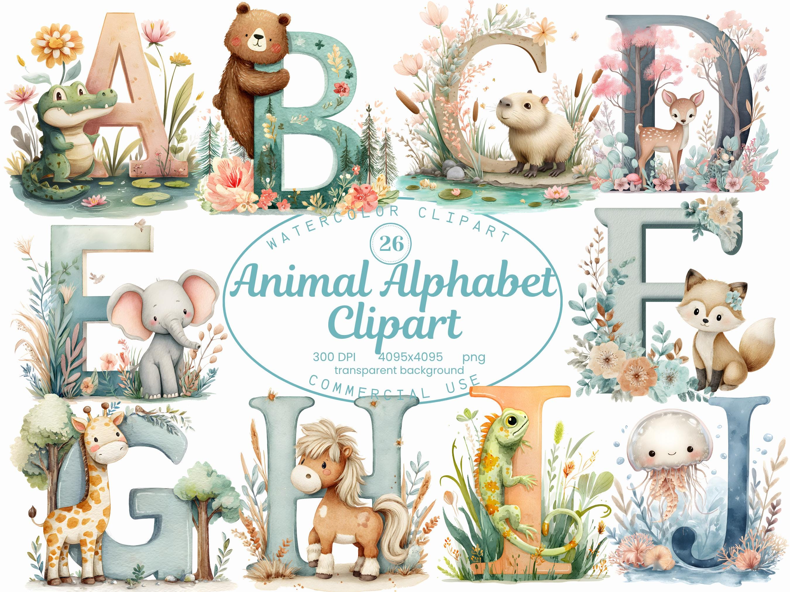 Animal Alphabet Clipart Collection, Watercolor ABC 26 PNG Illustrations ...