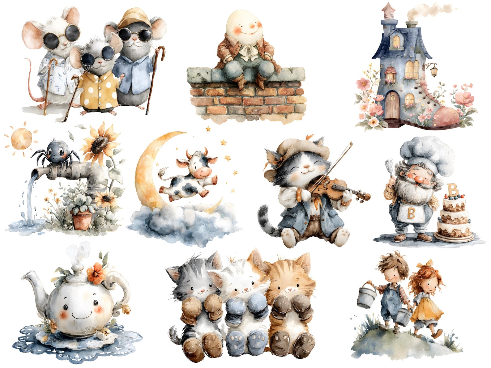 Nursery Rhymes Clipart Collection, Watercolor Storybook Illustrations ...